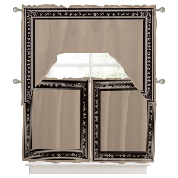 Brown Geometric 3 Pieces Swag Kitchen Curtains Set, Black Greek Key ...