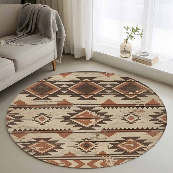 Brown Geometric 3FT Round Area Rug Southwestern Motifs Tribal Ethnic ...