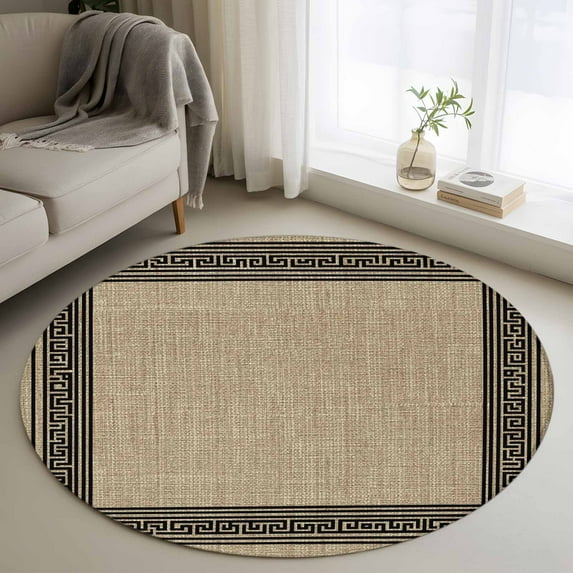 Brown Geometric 4ft Round Rug, Black Greek Key Design Burlap Modern Art ...