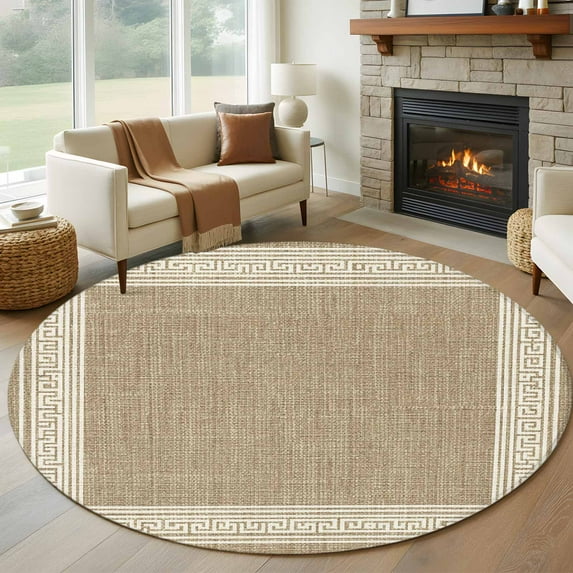 Brown Geometric 8ft Round Rug, White Greek Key Design Burlap Modern Art ...
