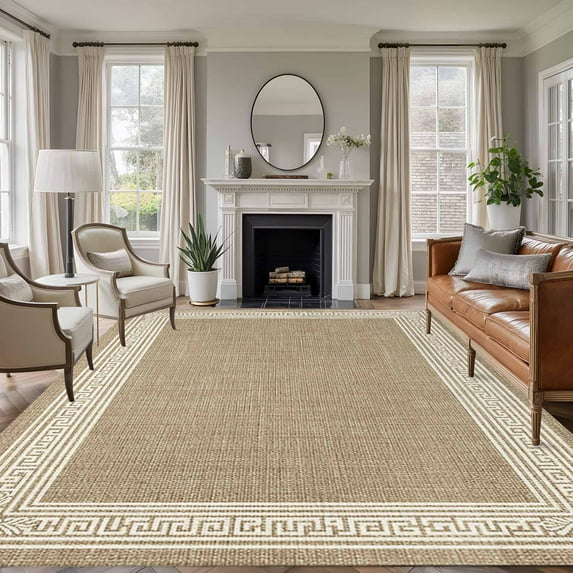 Brown Geometric 8x10 Area Rugs, White Greek Key Design Burlap Modern ...