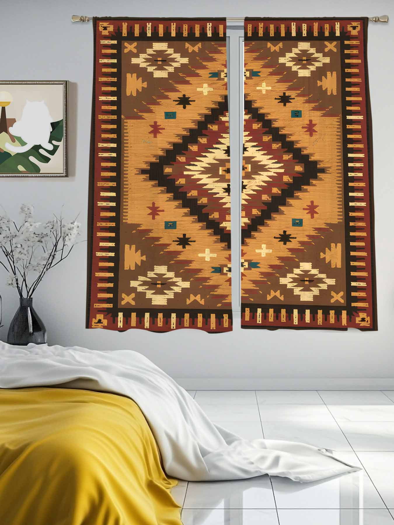 Brown Geometric Abstract Boho Chiffon Sheer Curtains 63 Inches Long ...
