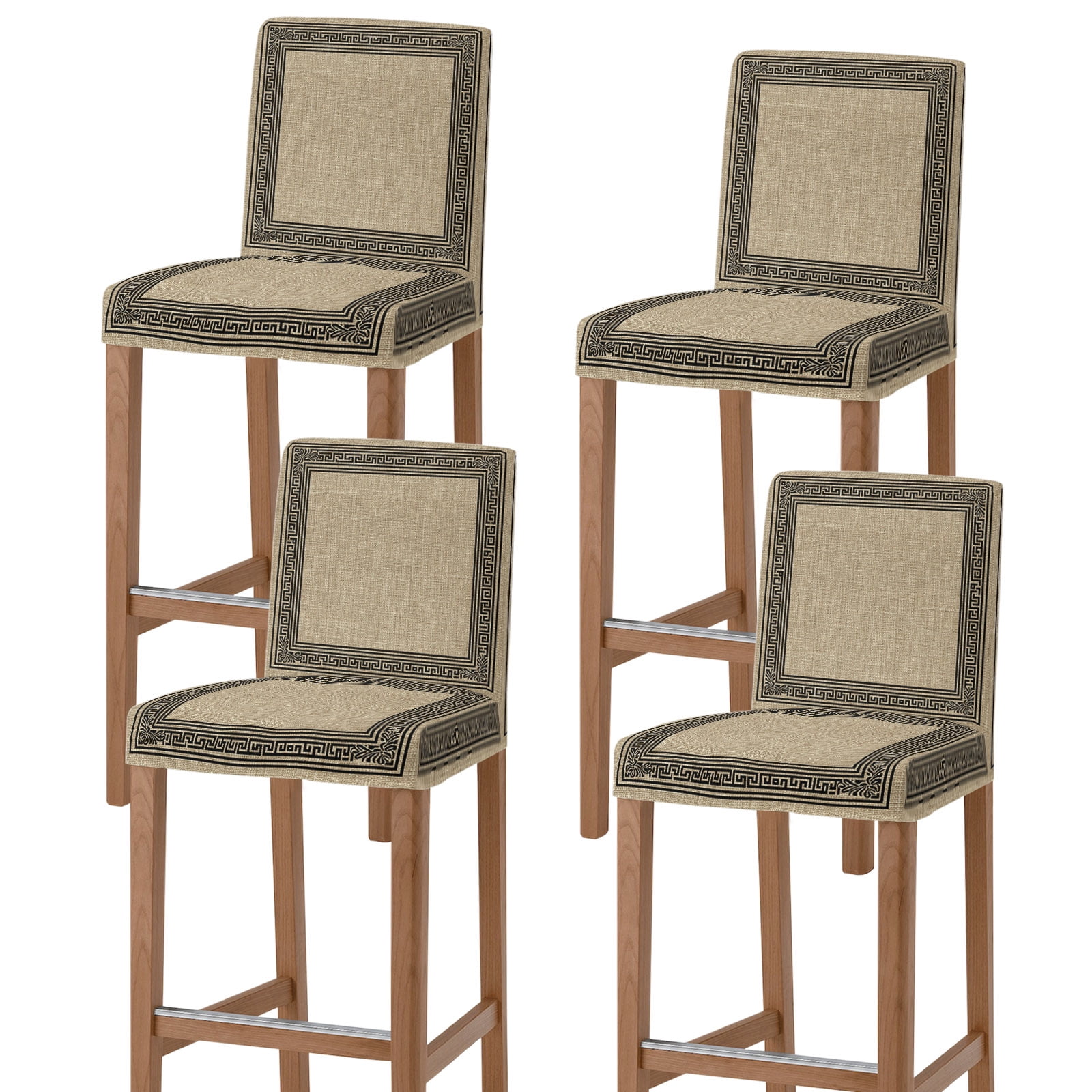 Brown Geometric Bar Stool Cover Set of 4, Black Greek Key Design Burlap ...