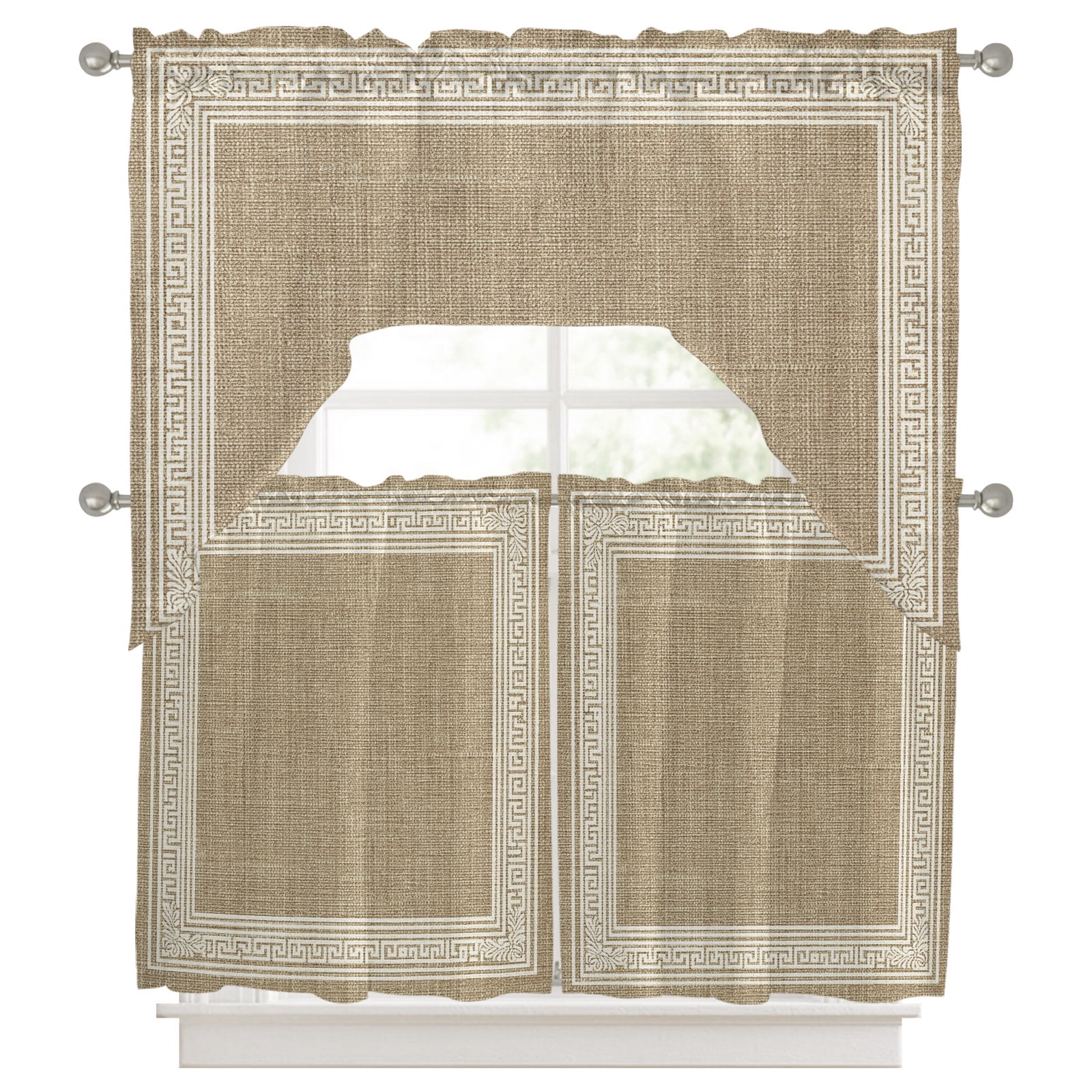 Brown Geometric Curtains Swag and Tiers Curtains Set, White Greek Key ...