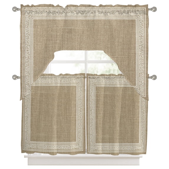 Brown Geometric Curtains Swag and Tiers Curtains Set, White Greek Key ...