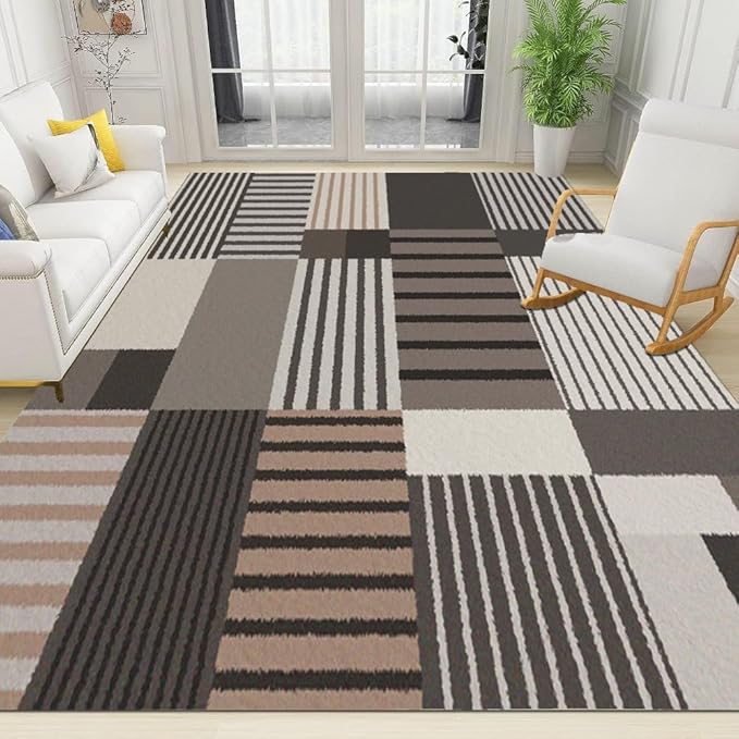 Brown Geometric Lines Area Rugs, Minimalist Abstract Style Decorative ...