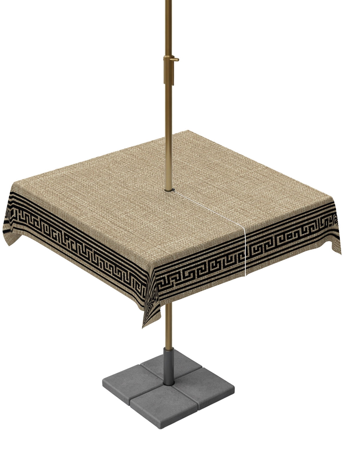 Brown Geometric Outdoor Tablecloth with Umbrella Hole, Black Greek Key ...