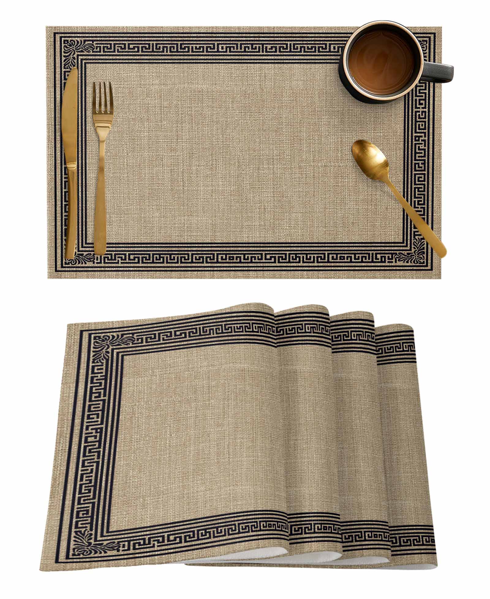 Brown Geometric Placemats Set of 6, Black Greek Key Design Burlap ...