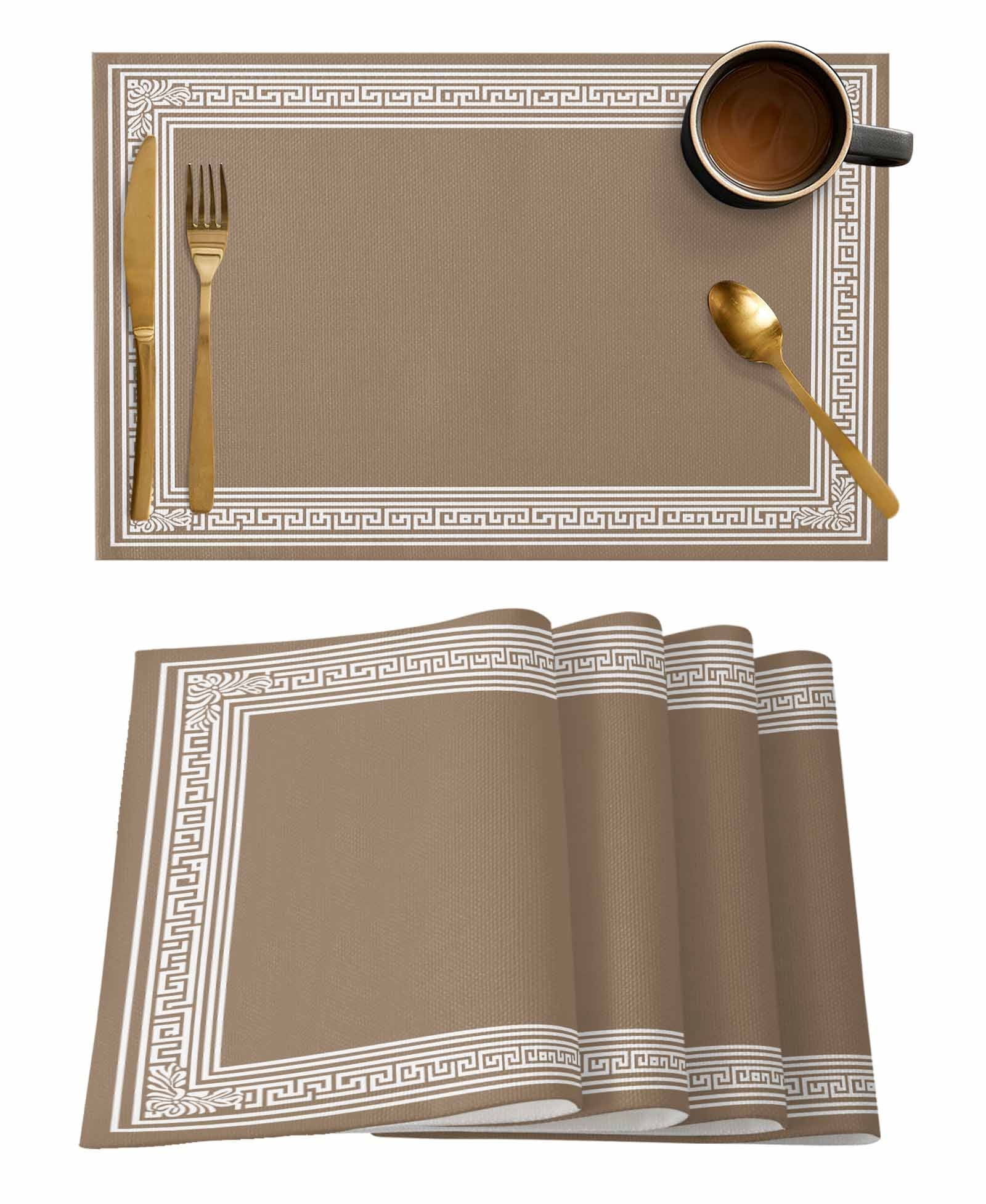 Brown Geometric Placemats Set of 6, White Greek Key Design Abstract ...