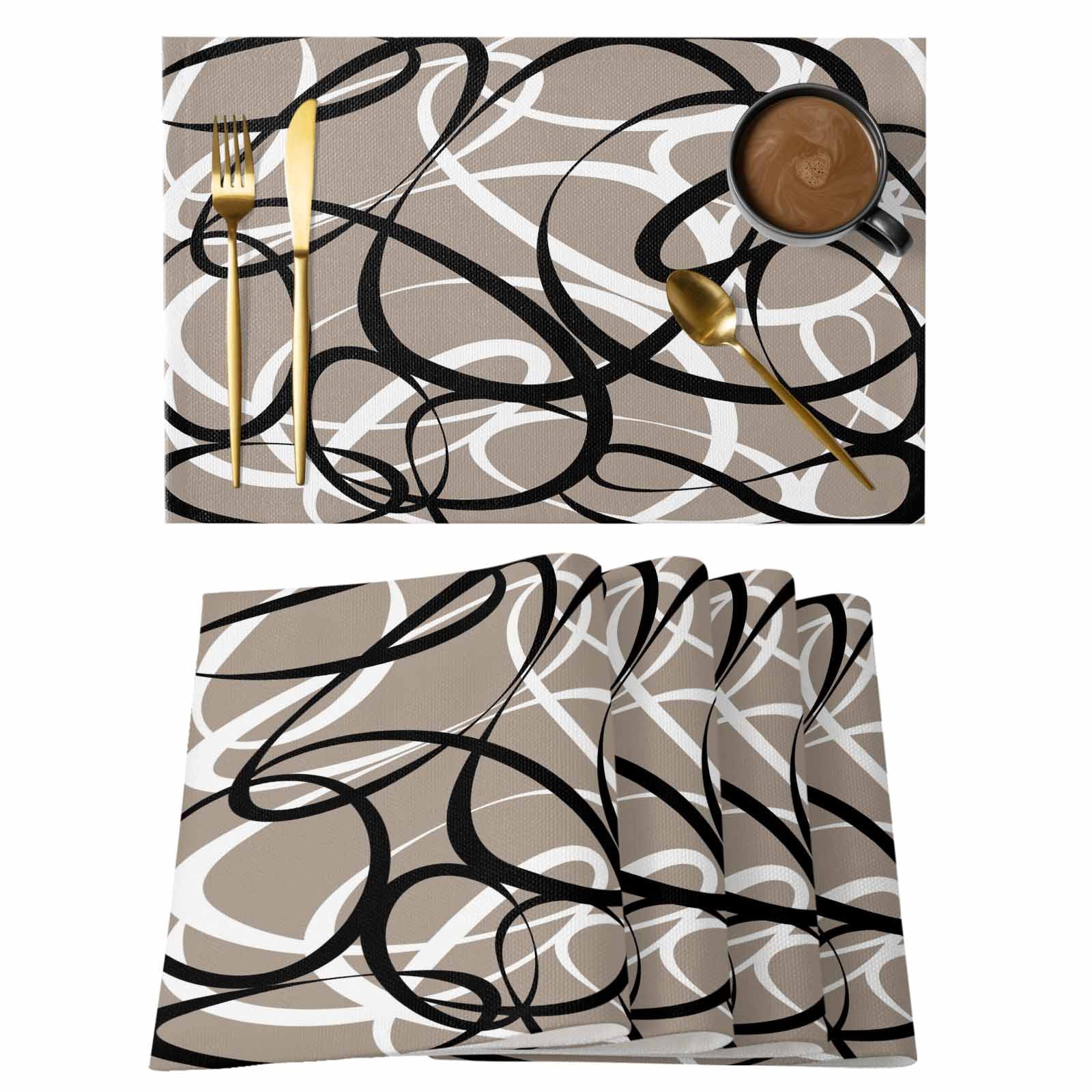 Brown Geometric Placemats Set of 8, Vintage Black White Striped ...