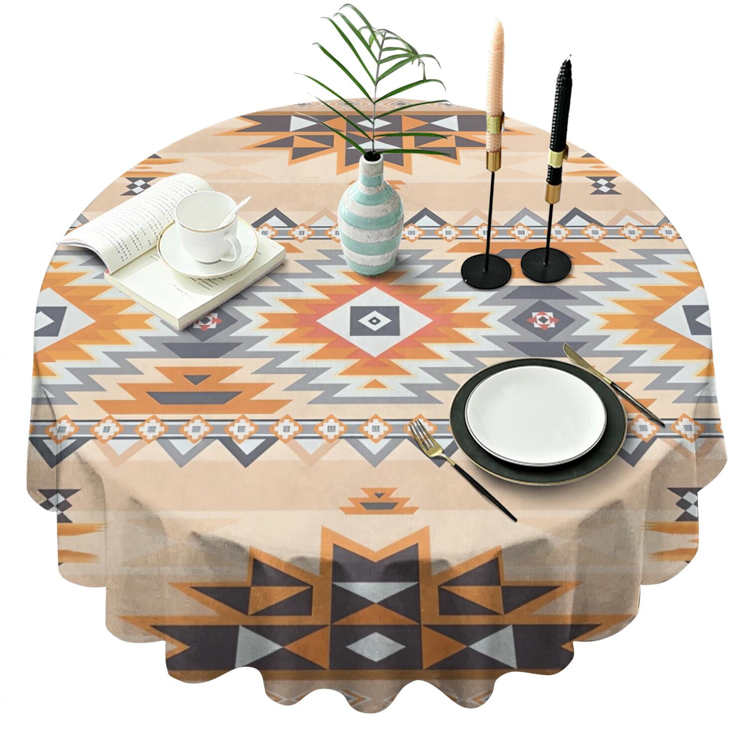 Brown Geometric Quatrefoil Pattern Round Tablecloth 60"x60",Wrinkle ...