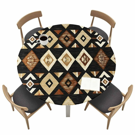 Brown Geometric Round Fitted Tablecloth with Elastic Edge Vintage ...