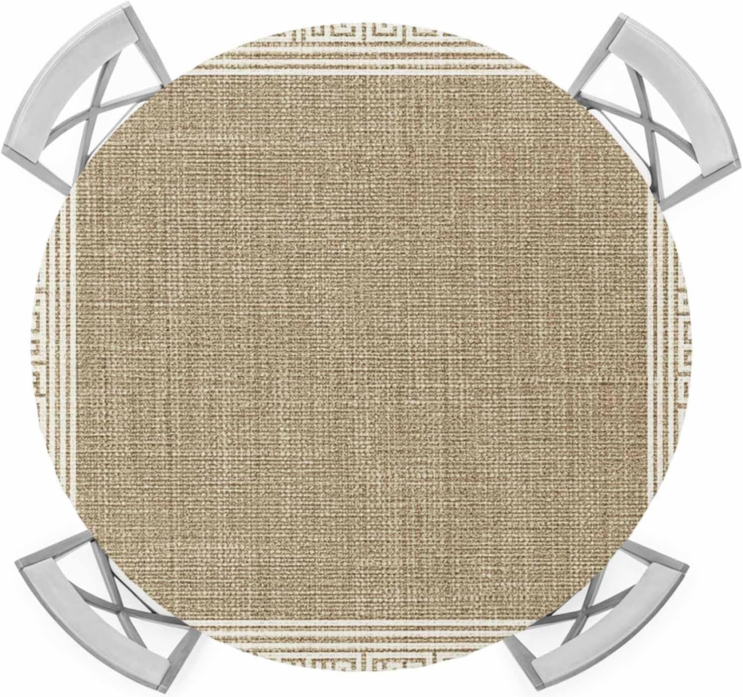 Brown Geometric Round Fitted Tablecloth with Elastic Edge, White Greek ...