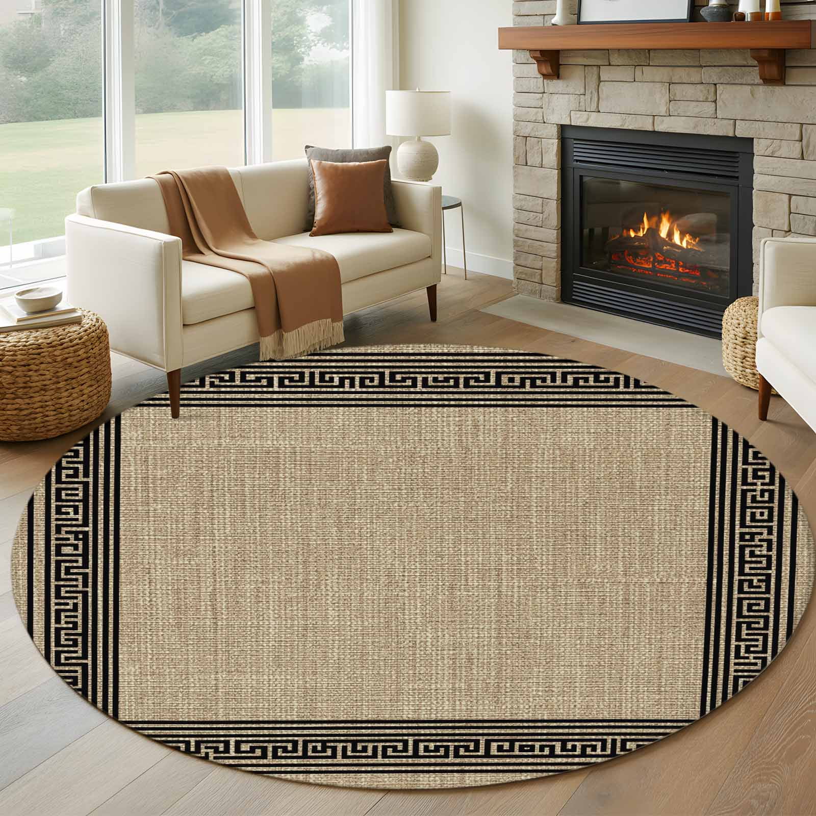 Brown Geometric Round Rugs 7ft, Black Greek Key Design Burlap Modern ...
