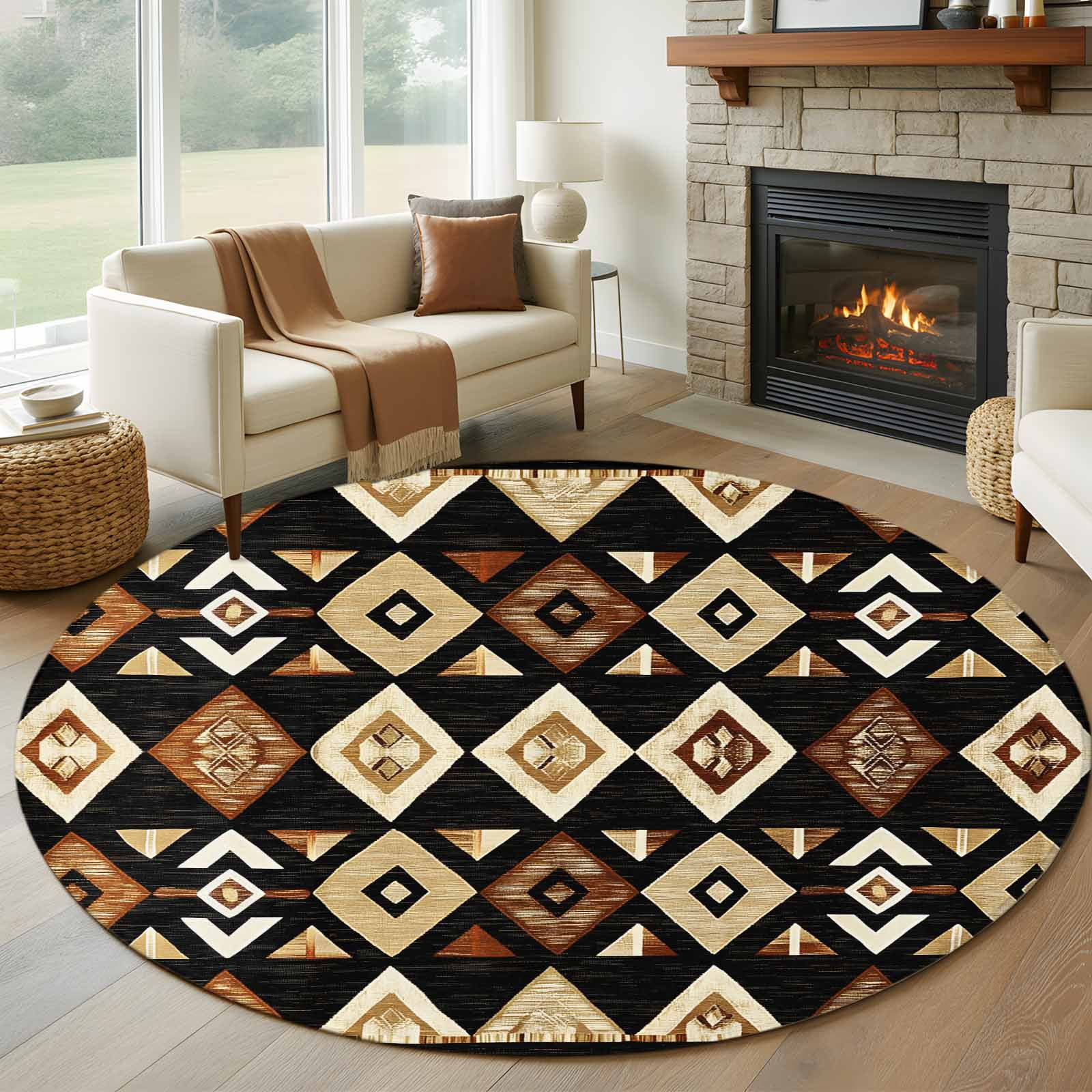Brown Geometric Round Rugs for Living Room 5ft Vintage National Style ...