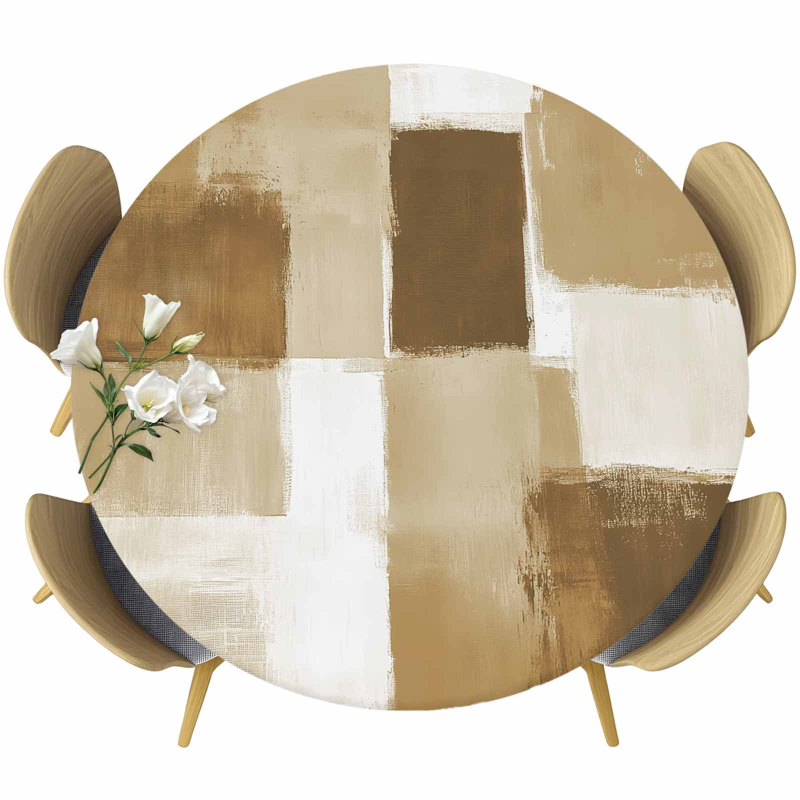 Brown Geometric Round Tablecloth, Fitted Table Cover with Elastic for ...