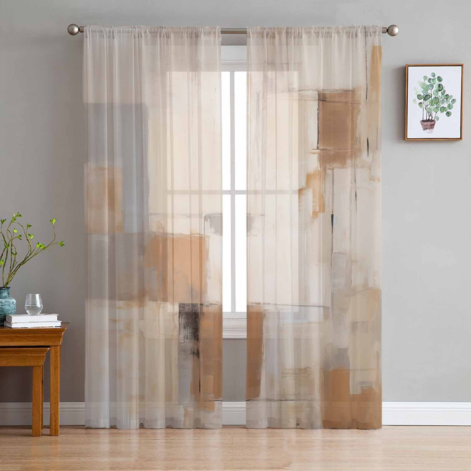 Brown Geometric Sheer Curtains 63 Inch Length 2 Panels Set for Living ...