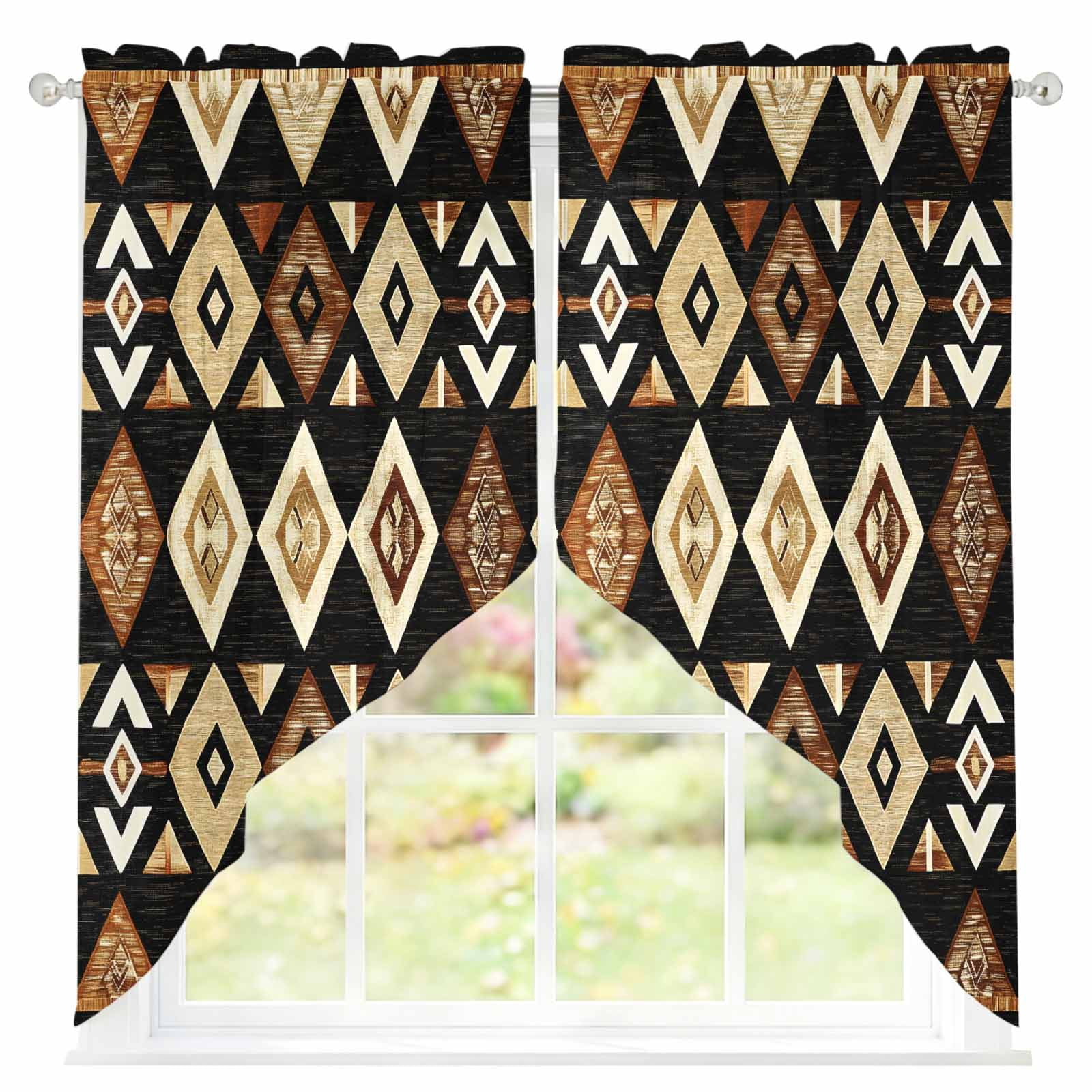 Brown Geometric Sheer Curtains Swag Valances for Windows Vintage ...