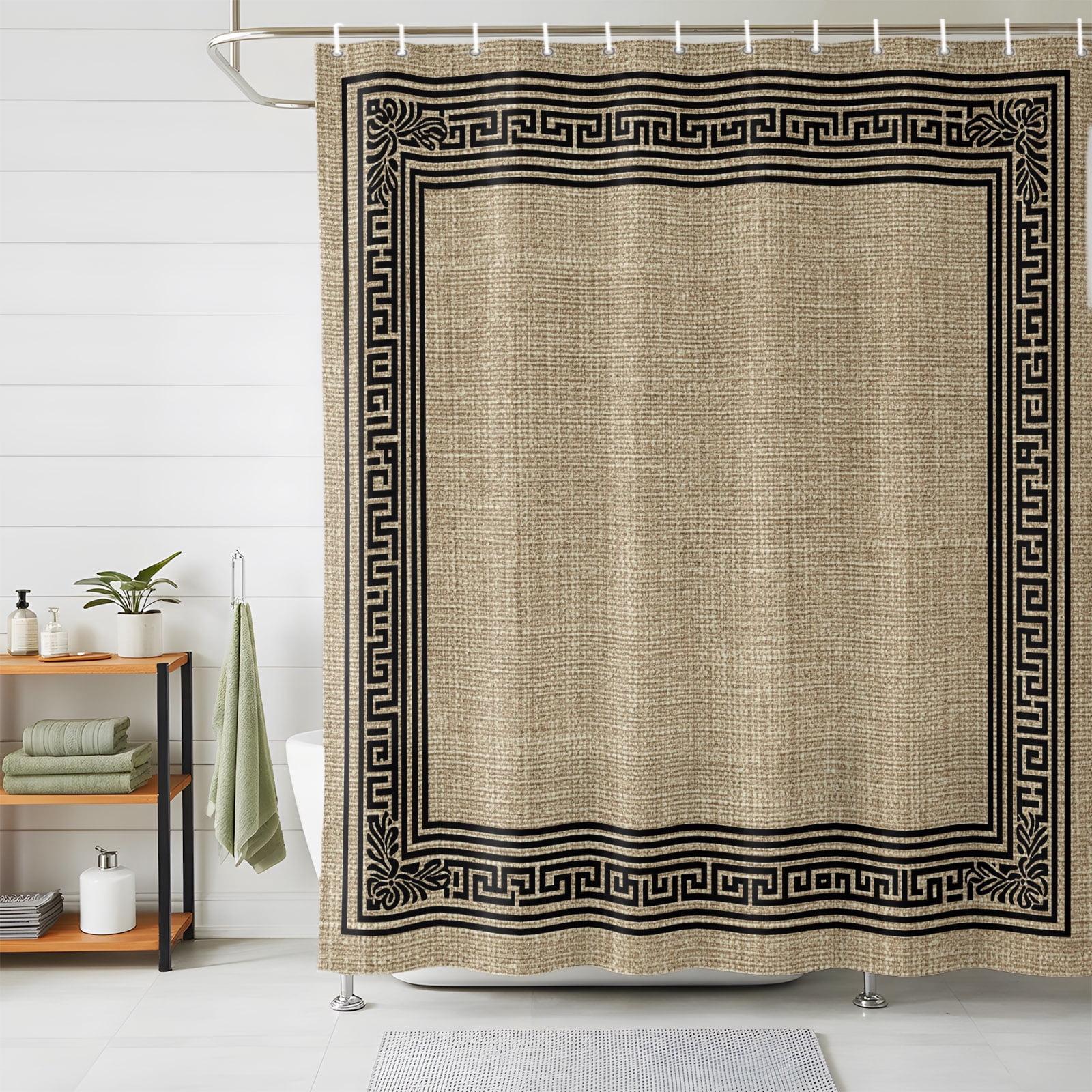 Brown Geometric Shower Curtains for Bathroom, Black Greek Key Design ...