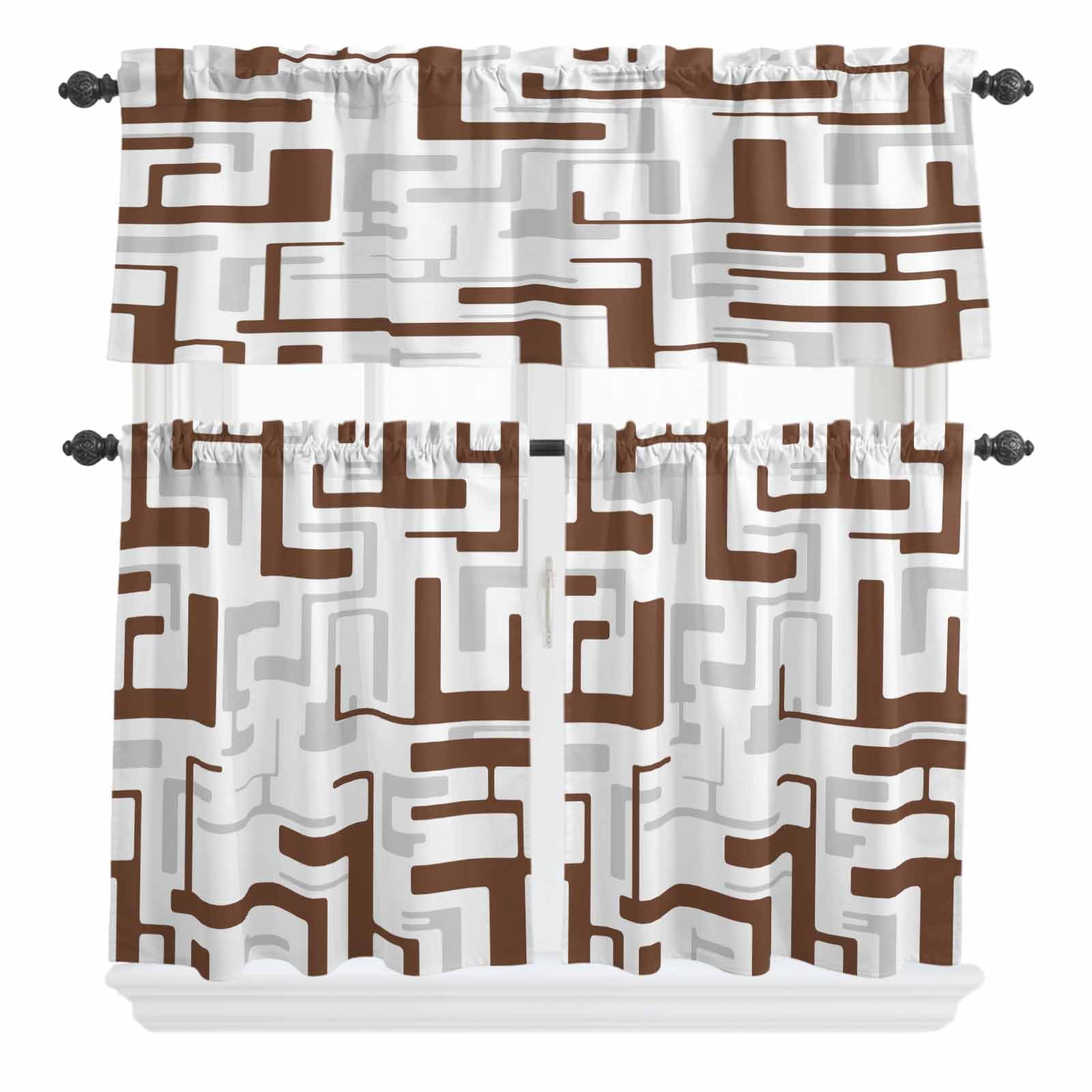 Brown Geometric Stripes Curtain Valances Set Modern Abstract Lines Maze ...
