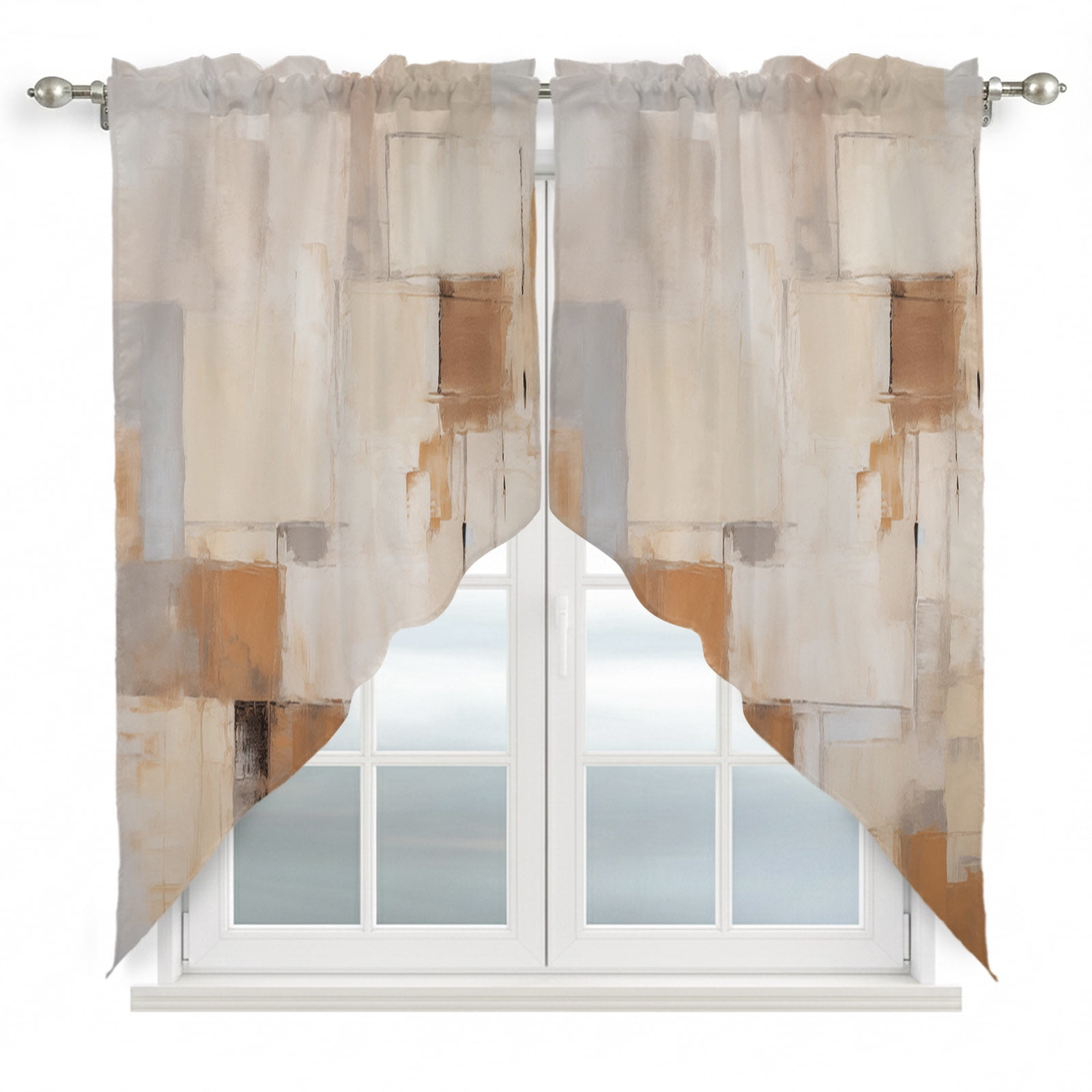 Brown Geometric Swag Curtain Valances, Modern Oil Painting Abstract ...