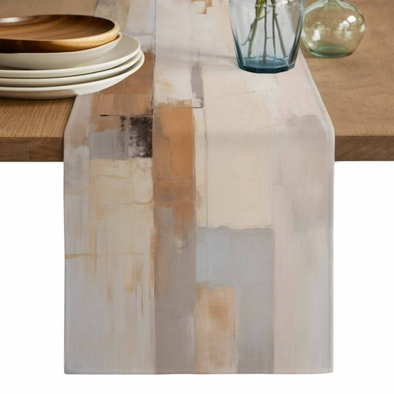 Brown Geometric Table Runner, Modern Oil Painting Abstract Washable ...