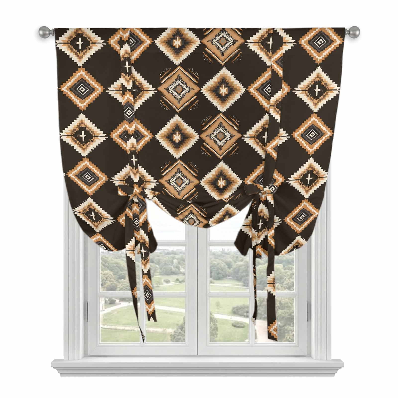 Brown Geometric Tie Up Curtains, Retro National Style Adjustable Rod ...