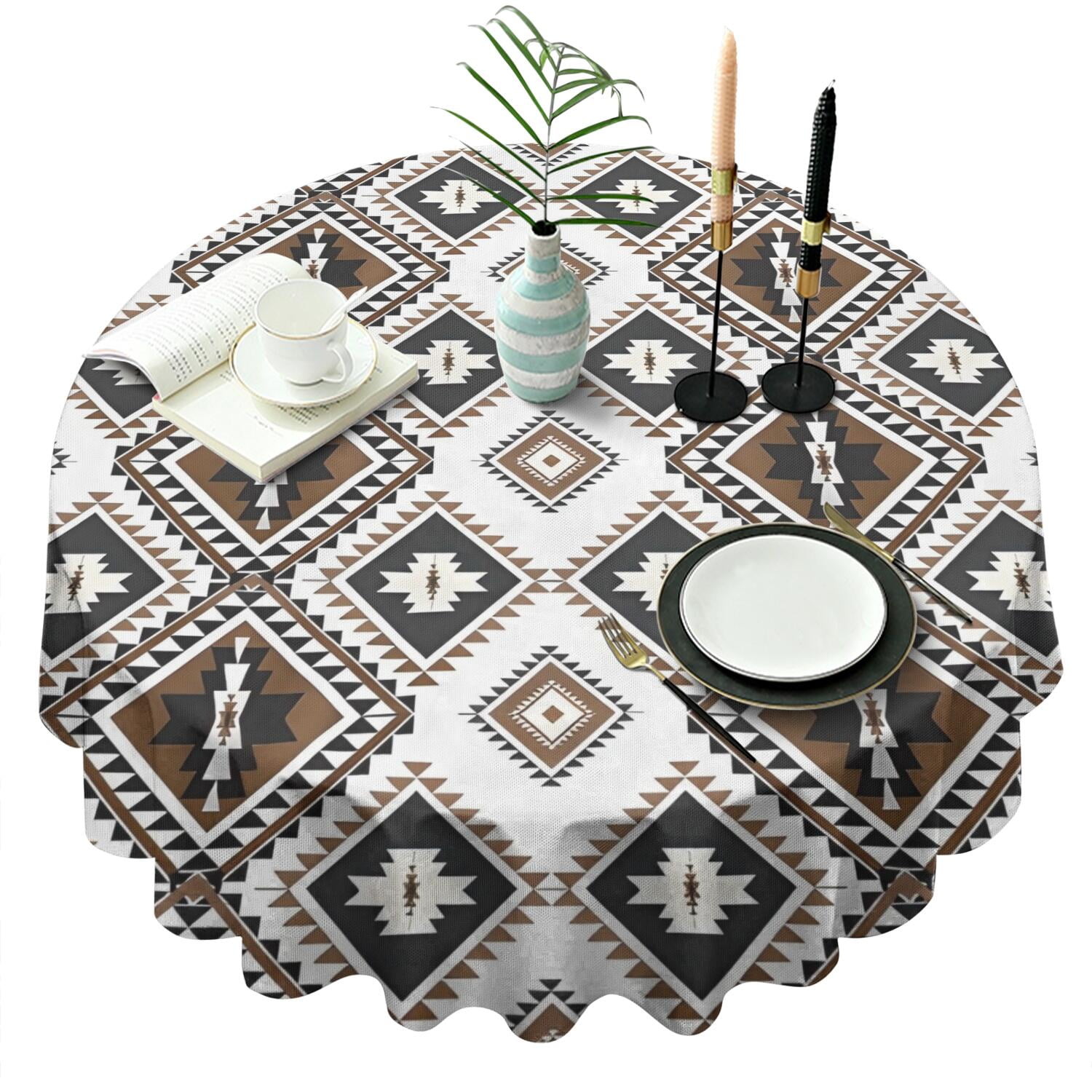 Brown Geometric Triangle Diamond Pattern Round Tablecloth 60"x60 ...