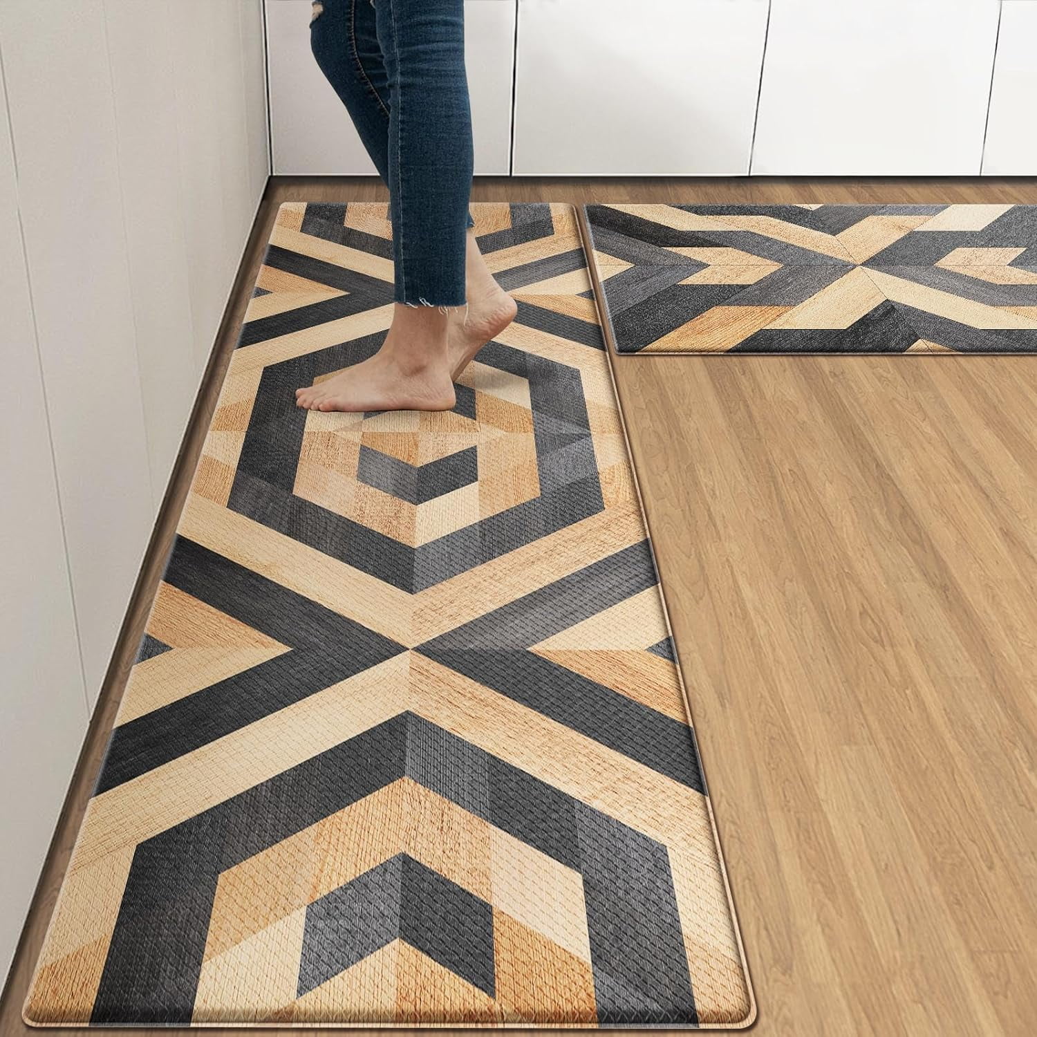 Brown Geometric Wood Anti-Fatigue Kitchen Rug Set of 2 Rustic Farmhouse ...