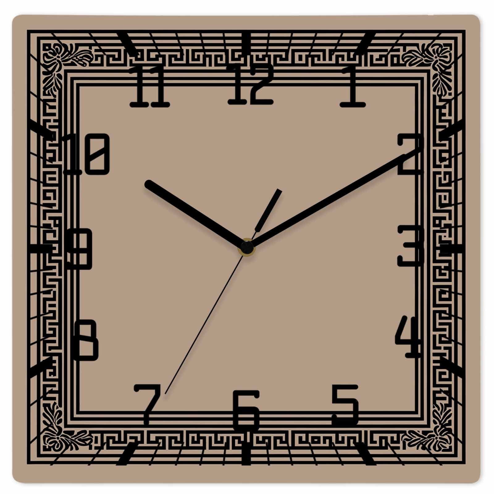 Brown Geometric Wooden Wall Clock Silent Non Ticking, Black Greek Key ...
