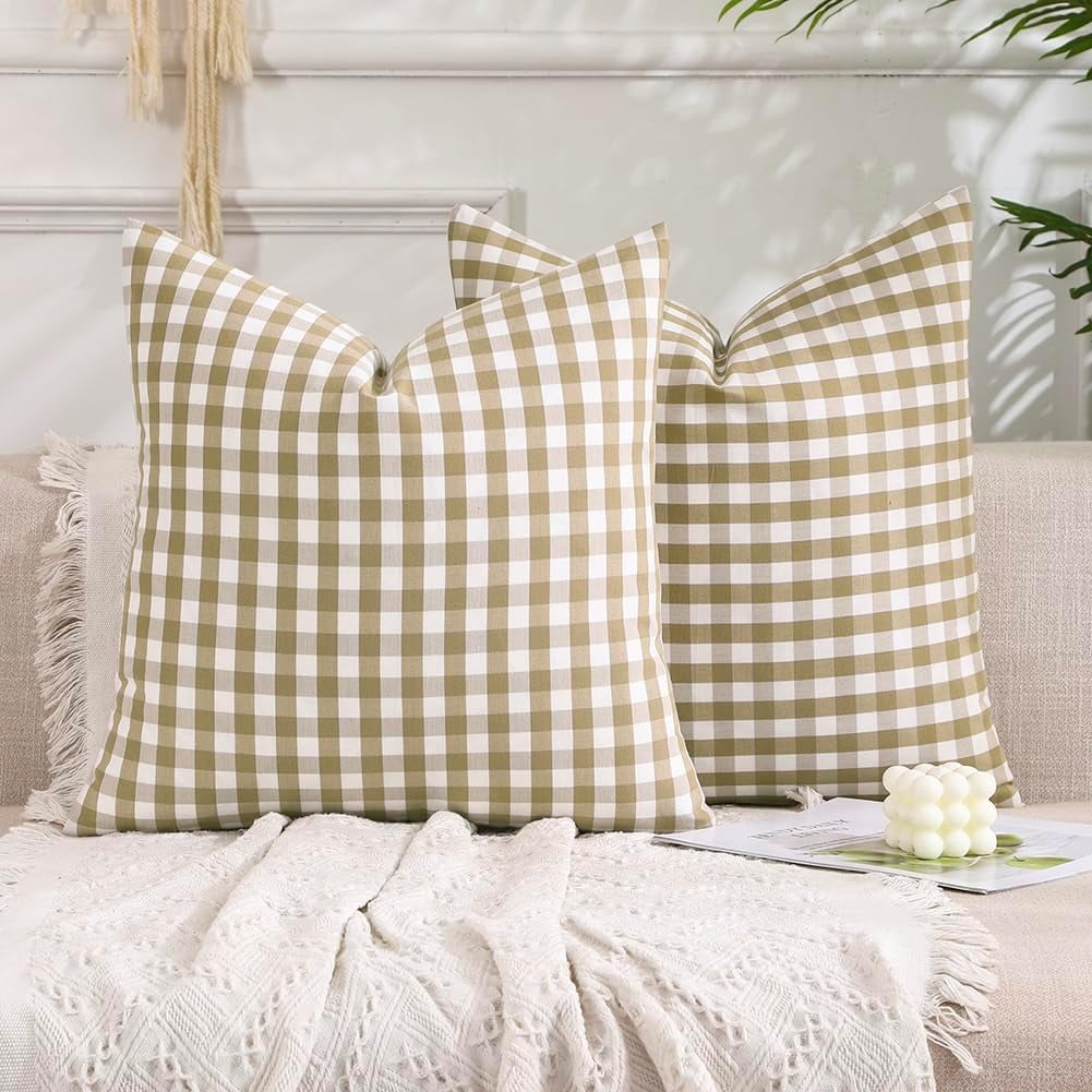 Brown Gingham Checkered Throw Pillow Covers 18x18 Set of 2, Neutral ...