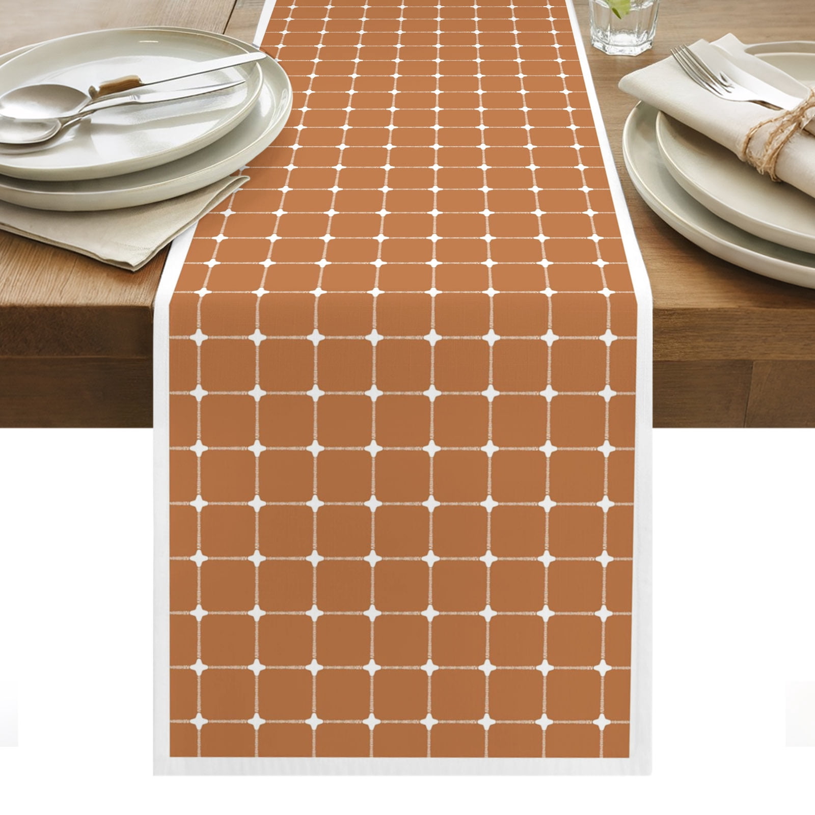 Brown Gingham Cotton Linen Table Runner Modern Minimalist White Line ...