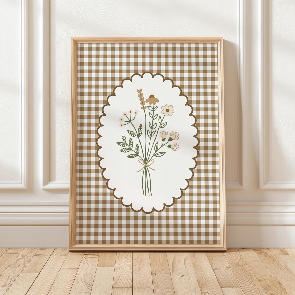 Brown Gingham Floral Print, Neutral Floral Wall Art, Unframed Paper ...