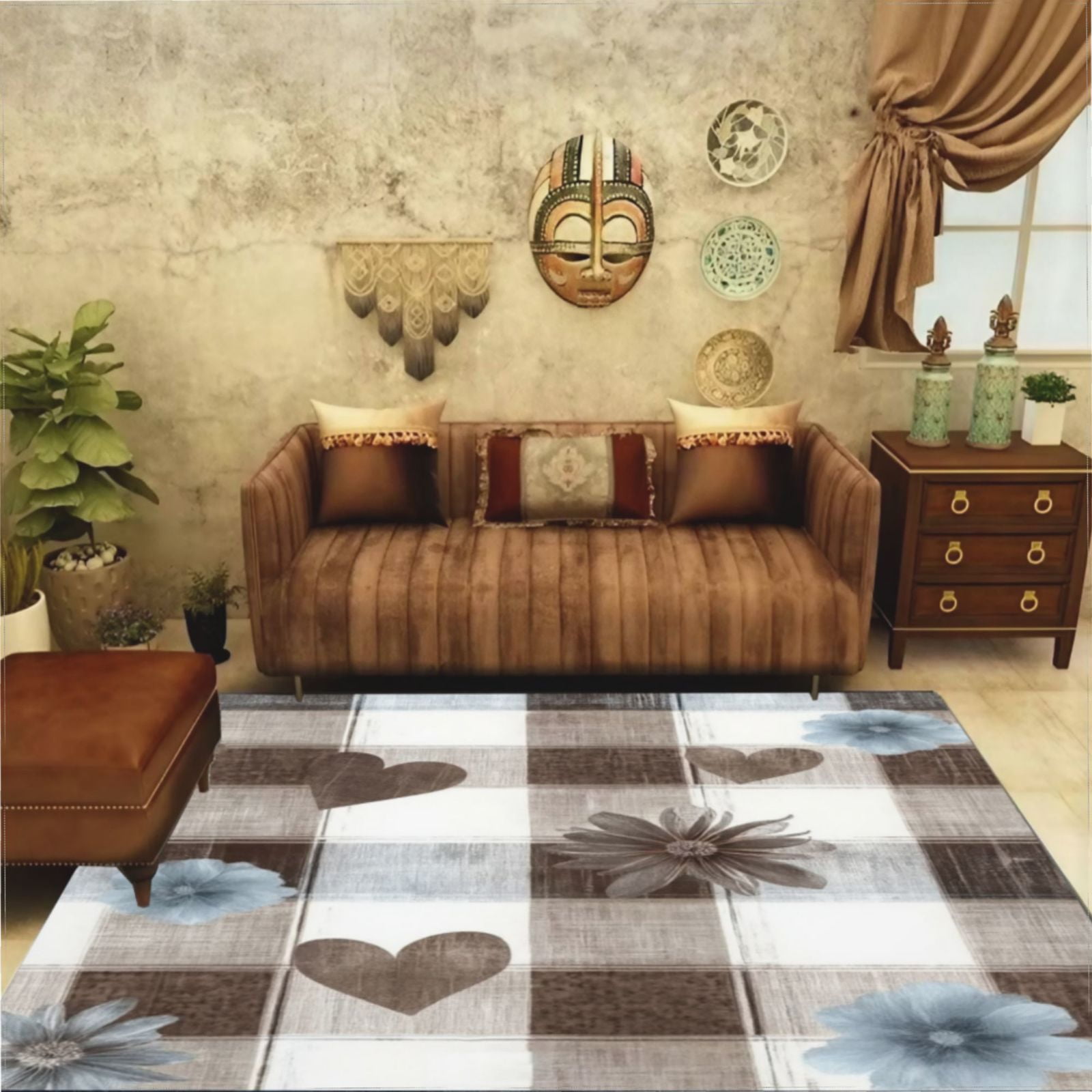 Brown Gingham Hearts Flowers Light Luxury Home Carpets Living Room ...