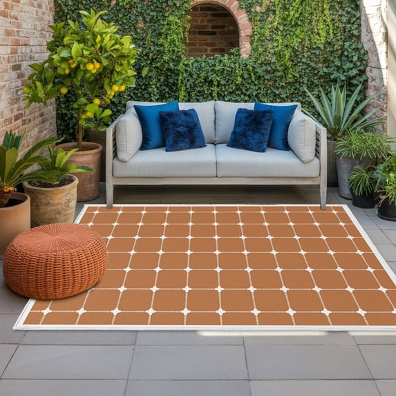 Brown Gingham Indoor Outdoor Rugs 5x8 Ft, Modern Minimalist White Line ...