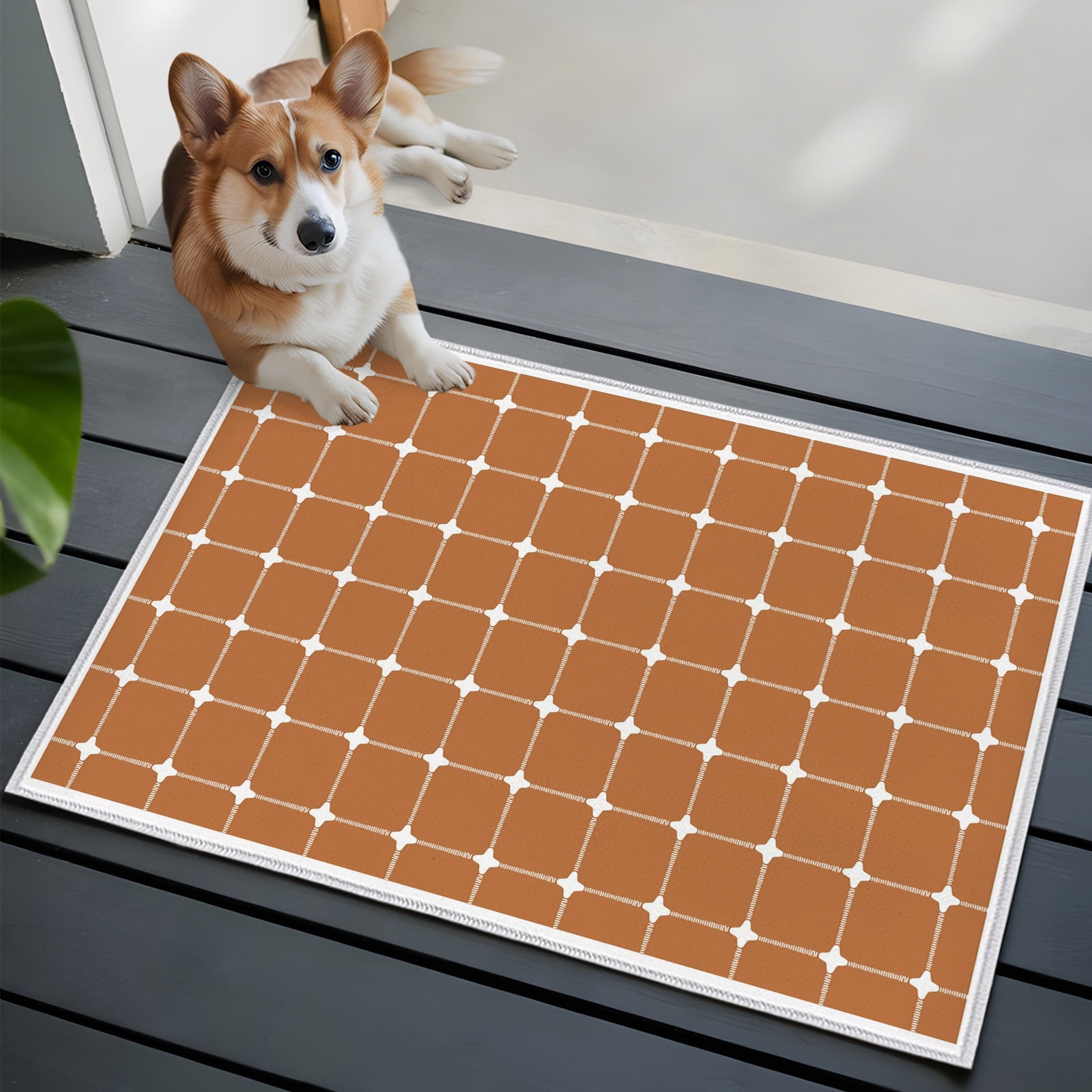 Brown Gingham Washable Entry Rug 2x3 Modern Minimalist White Line Grid ...