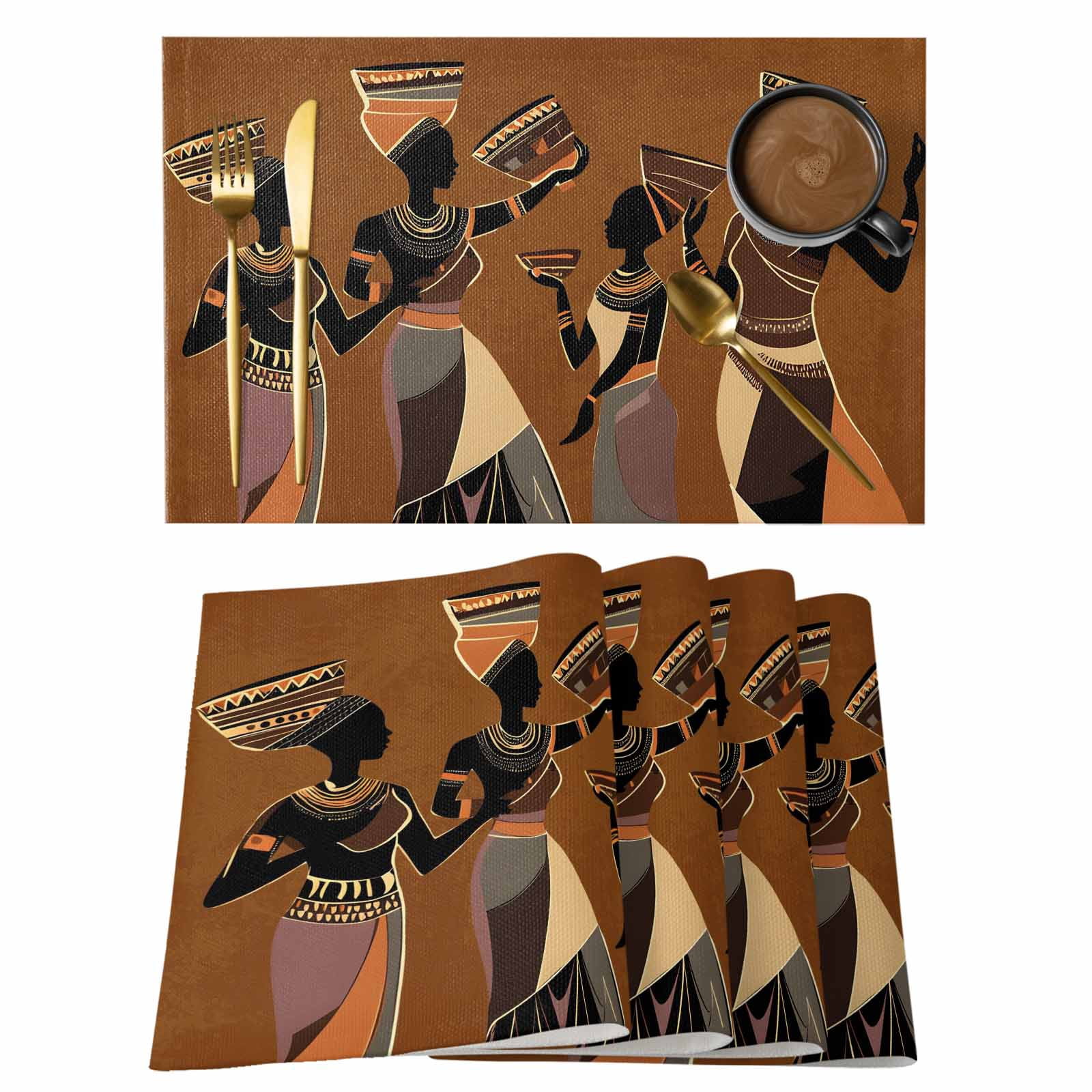 Brown Girls Boho Placemats Set of 12, Vintage Ethnic Abstract Art ...