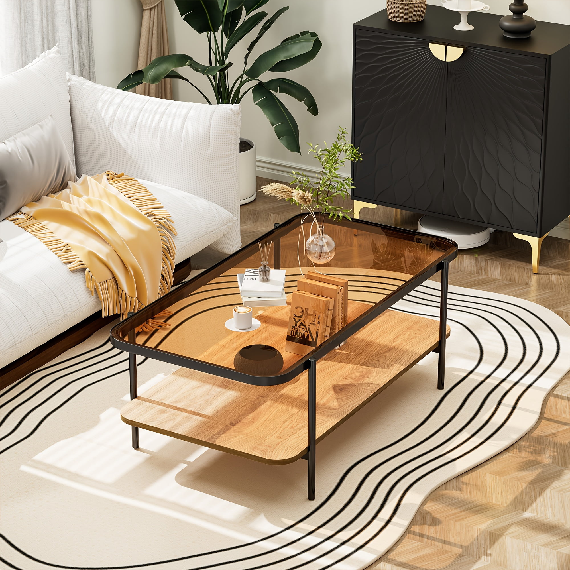 Brown Glass Coffee Table, Modern 2-Tier Coffee Table With Metal Leg ...