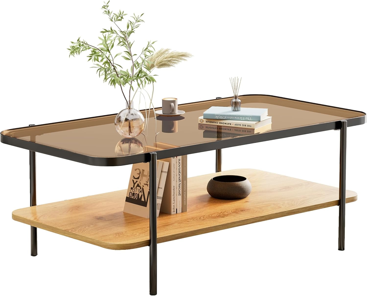 Brown Glass Coffee Table, Modern 2-Tier Coffee Table with Metal Leg ...