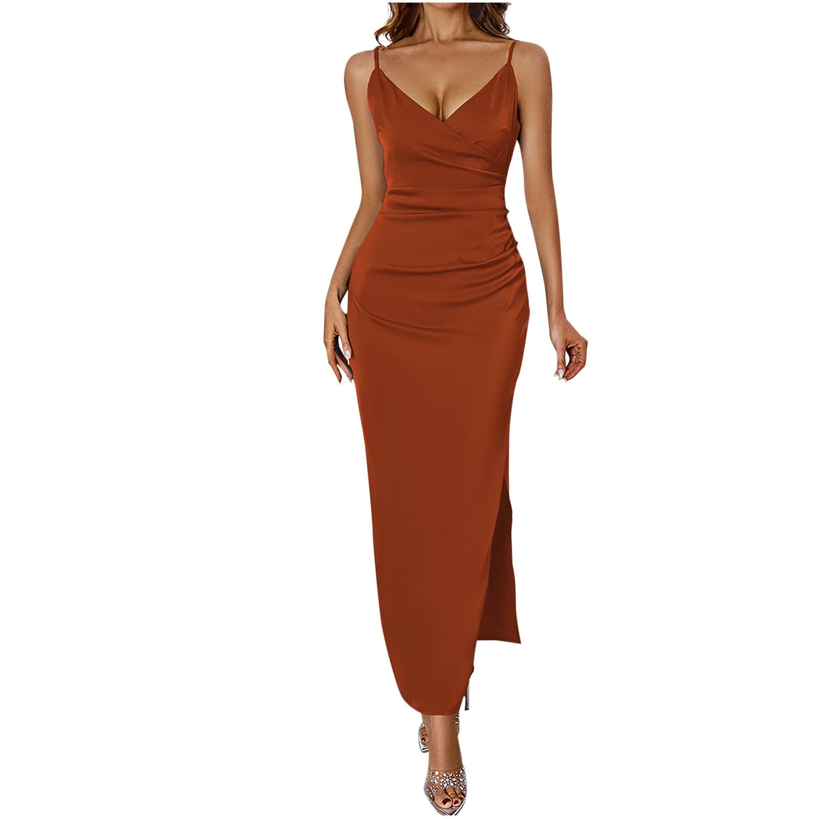 Brown Going Out Zip Up Dresses for Women Fall Summer Spaghetti Strap V ...