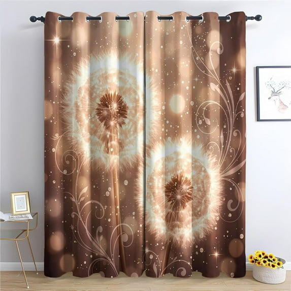 Brown Gold Dandelion Curtains, Sepia Dreamy Floral Patterned Blackout ...