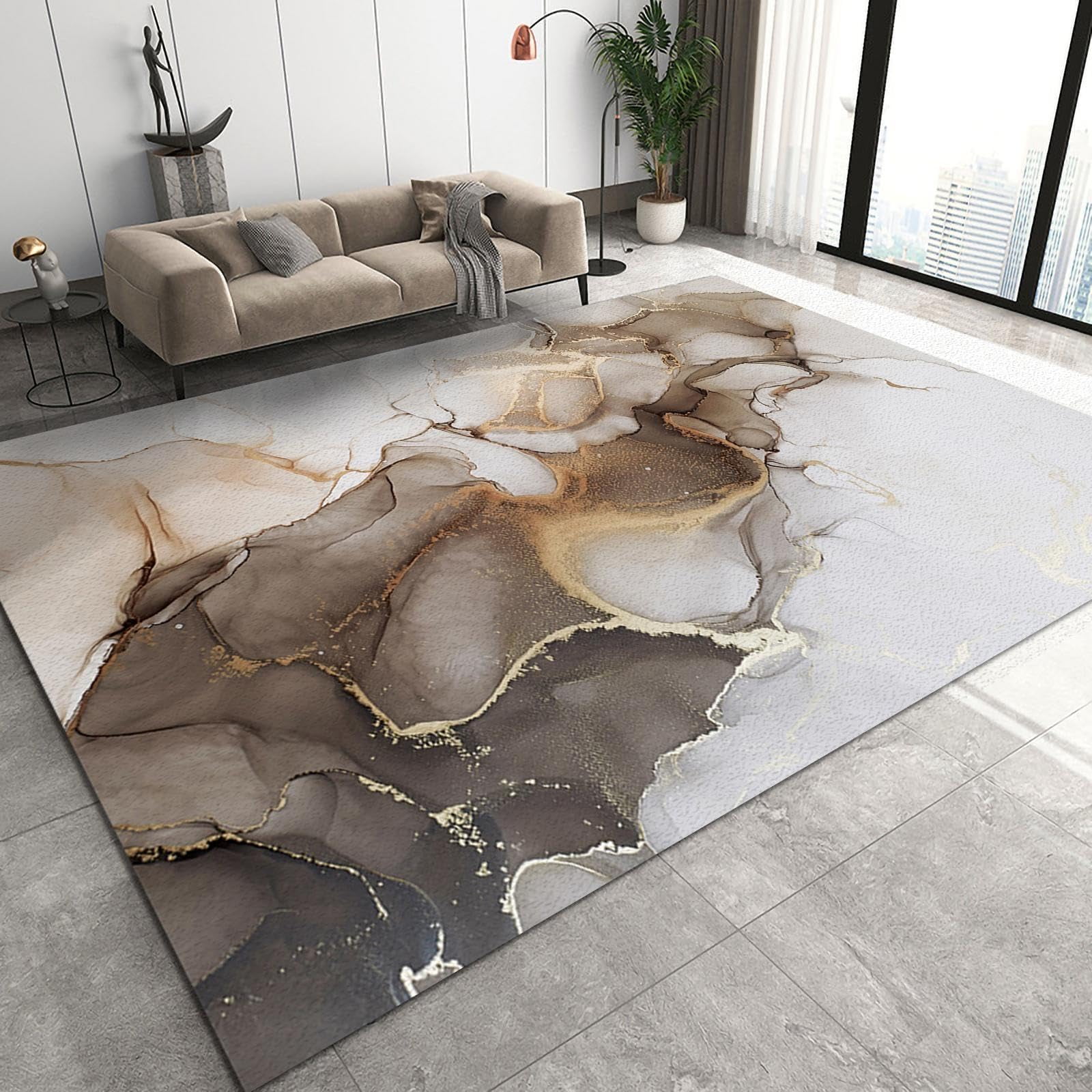 Brown Gold Ink Marble Area Rug, Luxurious Gilt Texture Indoor Rugs ...