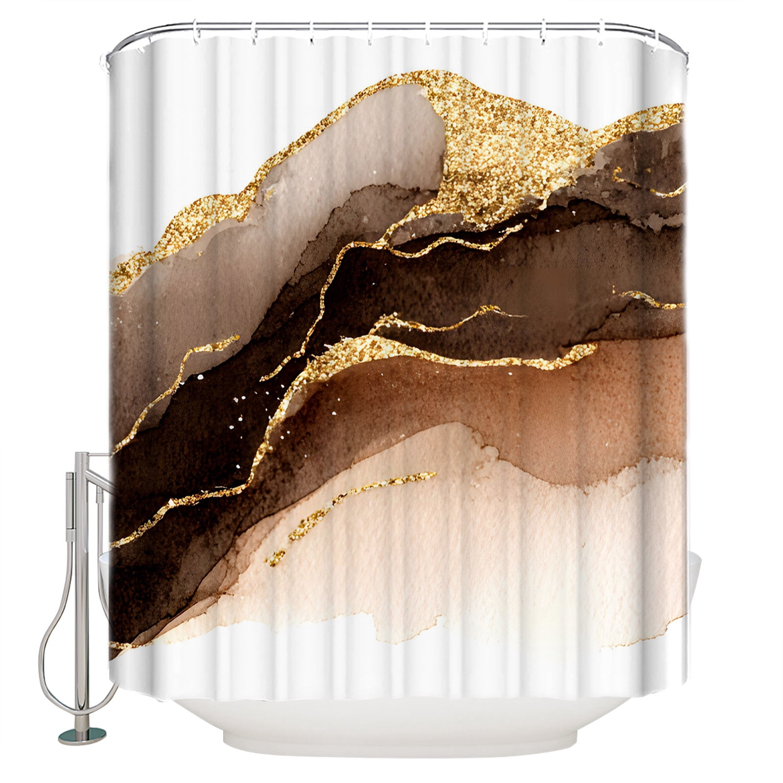 Brown Gold Marble Bathroom Shower Curtains with 12 Hooks Polyester ...