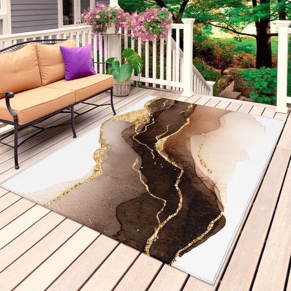 Brown Gold Marble Outdoor Rug for Patio/Deck/Porch, Non-Slip Large Area ...