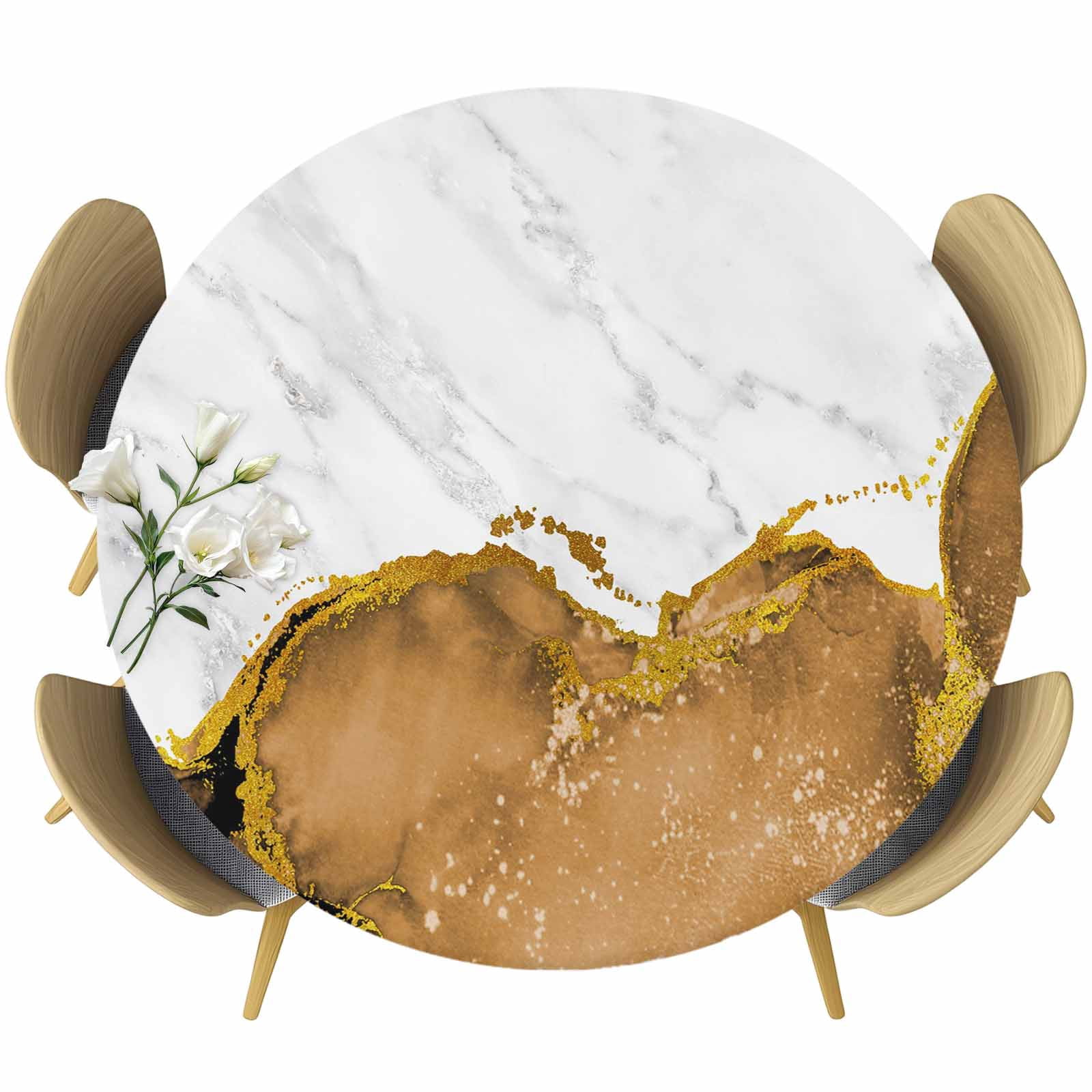Brown Gold Marble Round Tablecloth, Fitted Table Cover with Elastic for ...