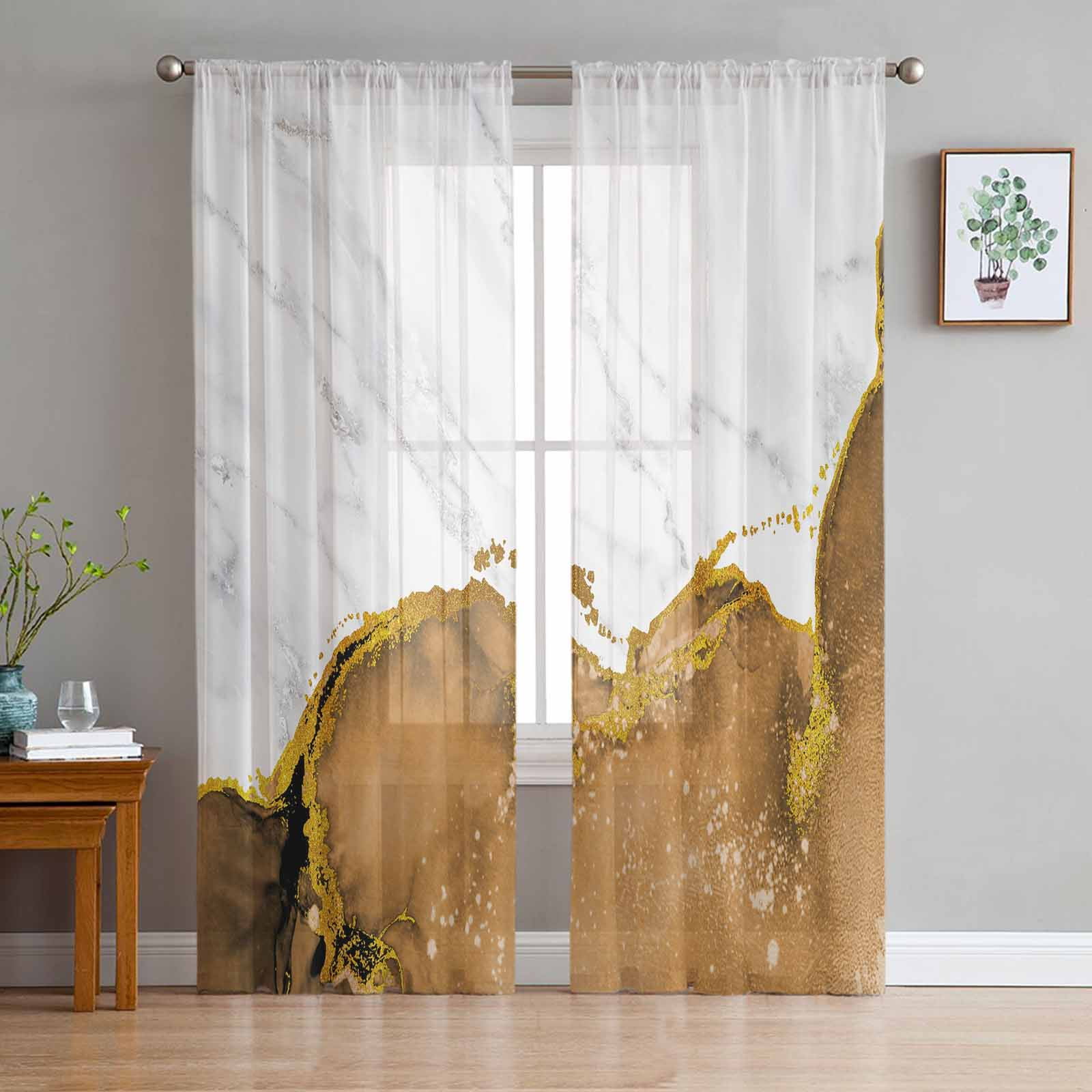 Brown Gold Marble Sheer Curtains 72 Inches Long 2 Panels Set, Window ...