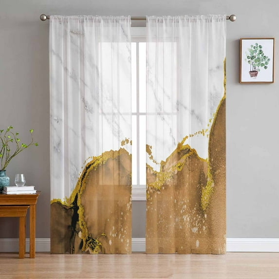 Brown Gold Marble Sheer Curtains 72 Inches Long 2 Panels Set, Window ...