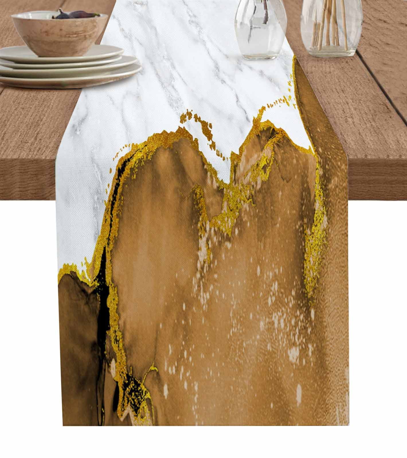 Brown Gold Marble Table Runner 60 Inches, Modern Abstract Marble Crack ...