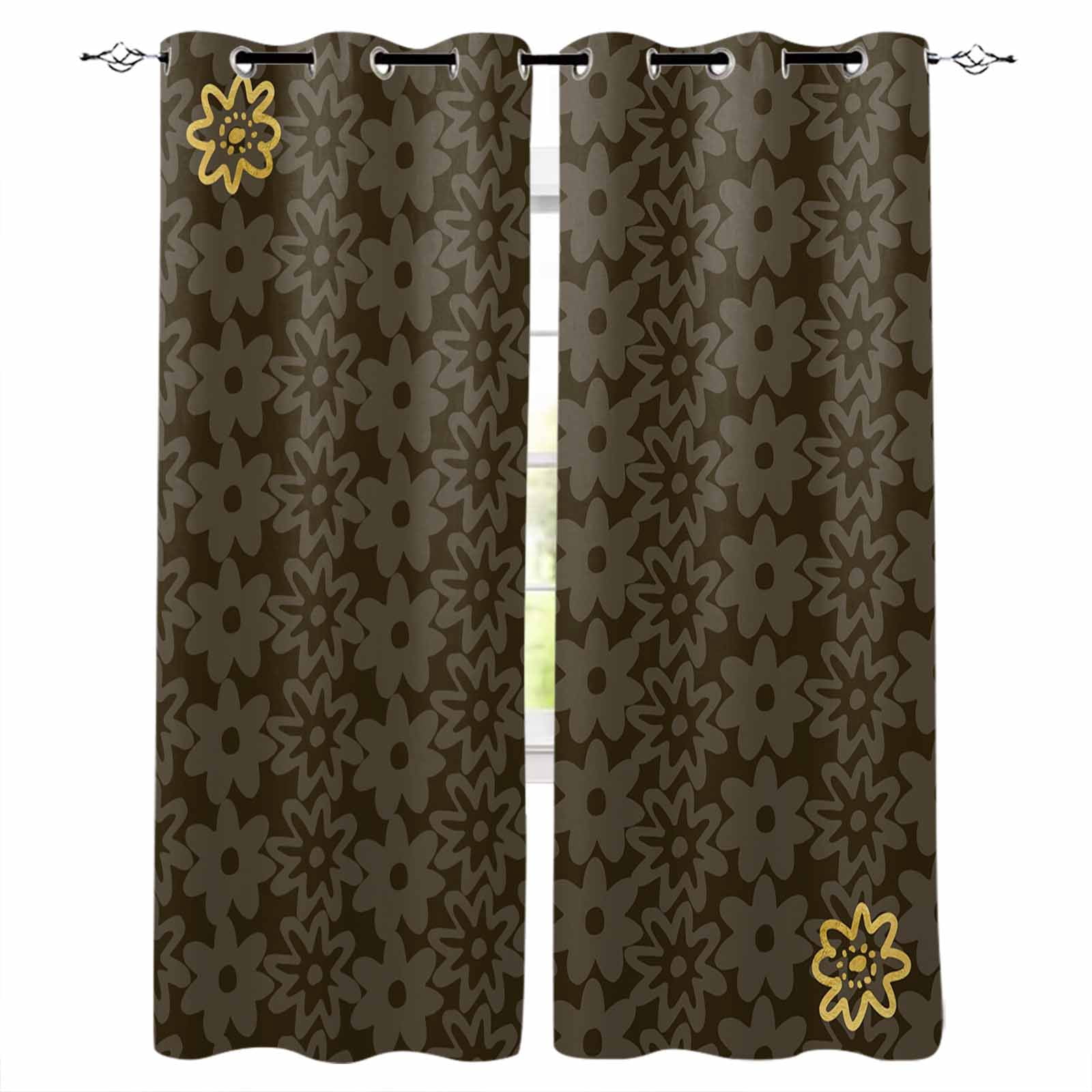 Brown Golden Floral Blackout Curtains for Bedroom, Modern Abstract Art ...