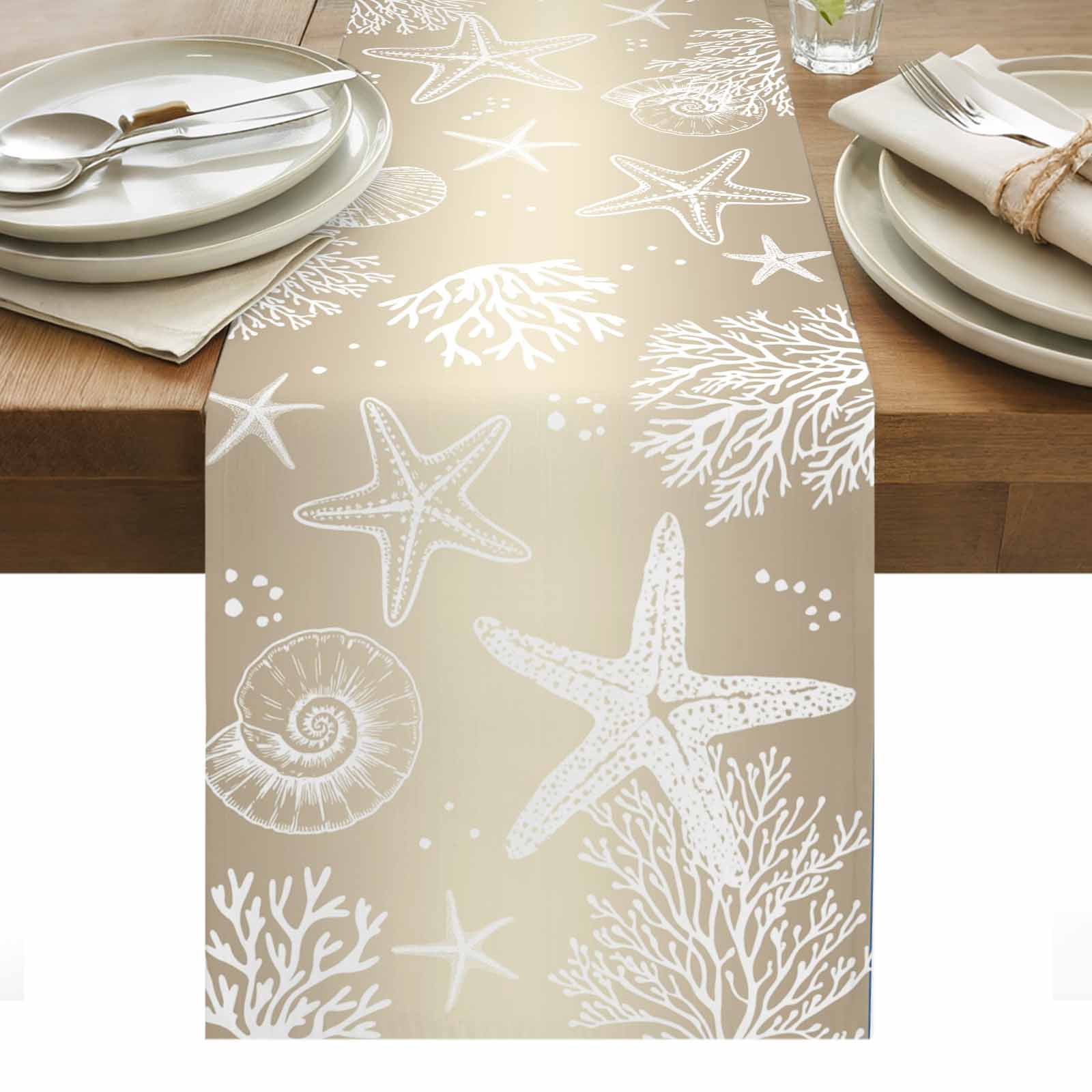 Brown Gradient Cotton Linen Table Runner Nautical Starfish Coral Shell ...
